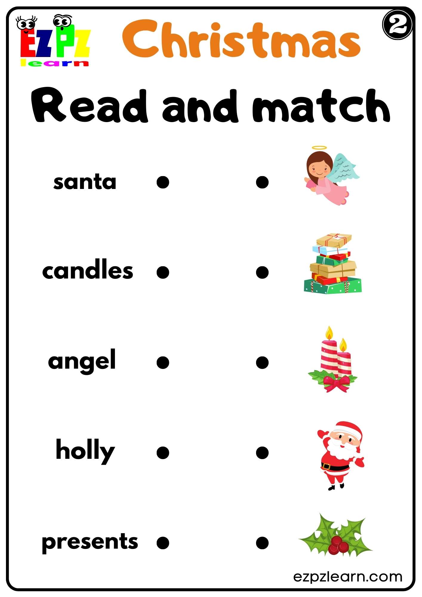 Christmas Holiday Read and Match Worksheet For Kids K5 and ESL Free PDF Download Set 2 ...